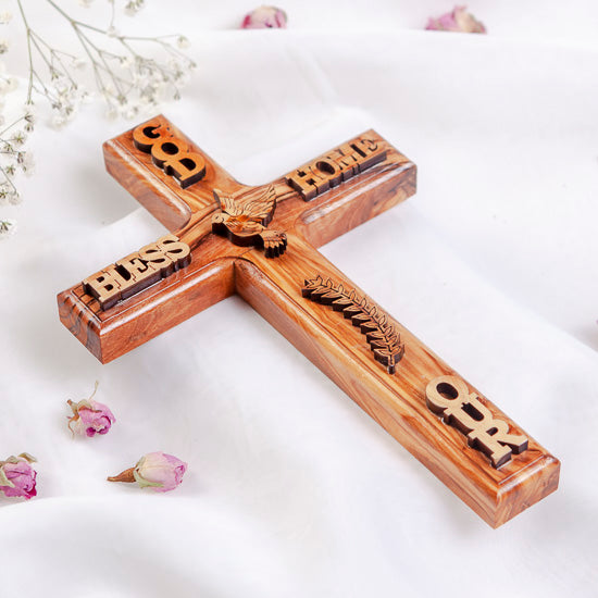 God Bless Our Home - Bethlehem Olive Wood Cross – Piece of Holy Land