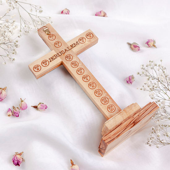 Olive Wood Latin Crucifix with Mother of Pearl Decor – Piece of Holy Land
