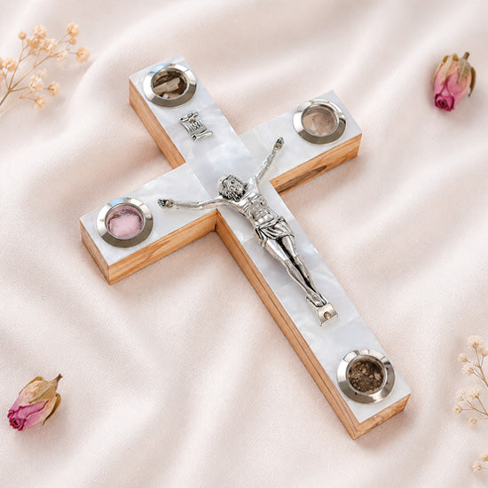Divine White Mother of Pearl Latin Cross with Four Holy Elements